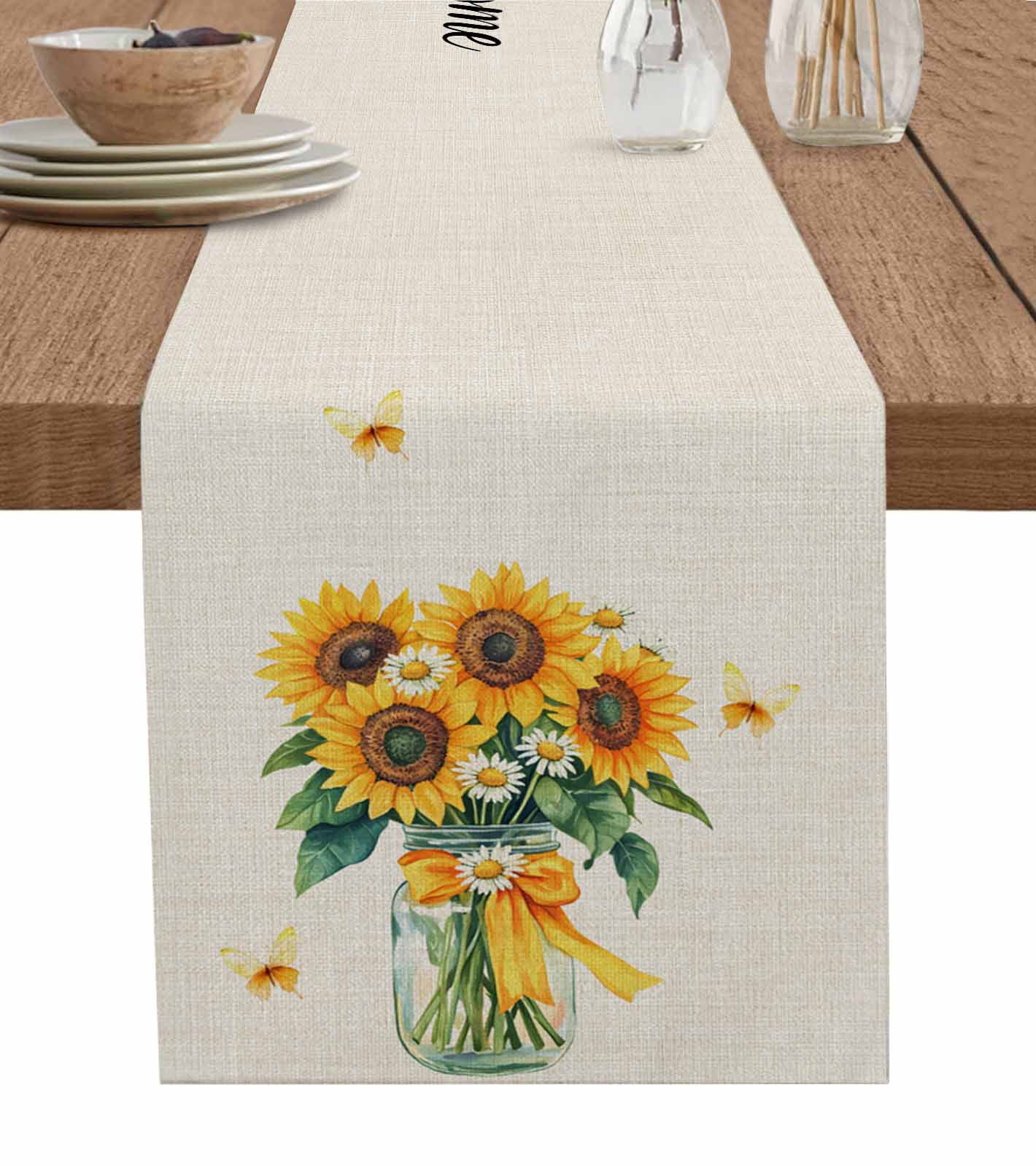 Yellow Sunflower Table Runner 72 Inches, Butterfly Linen Vintage Floral ...