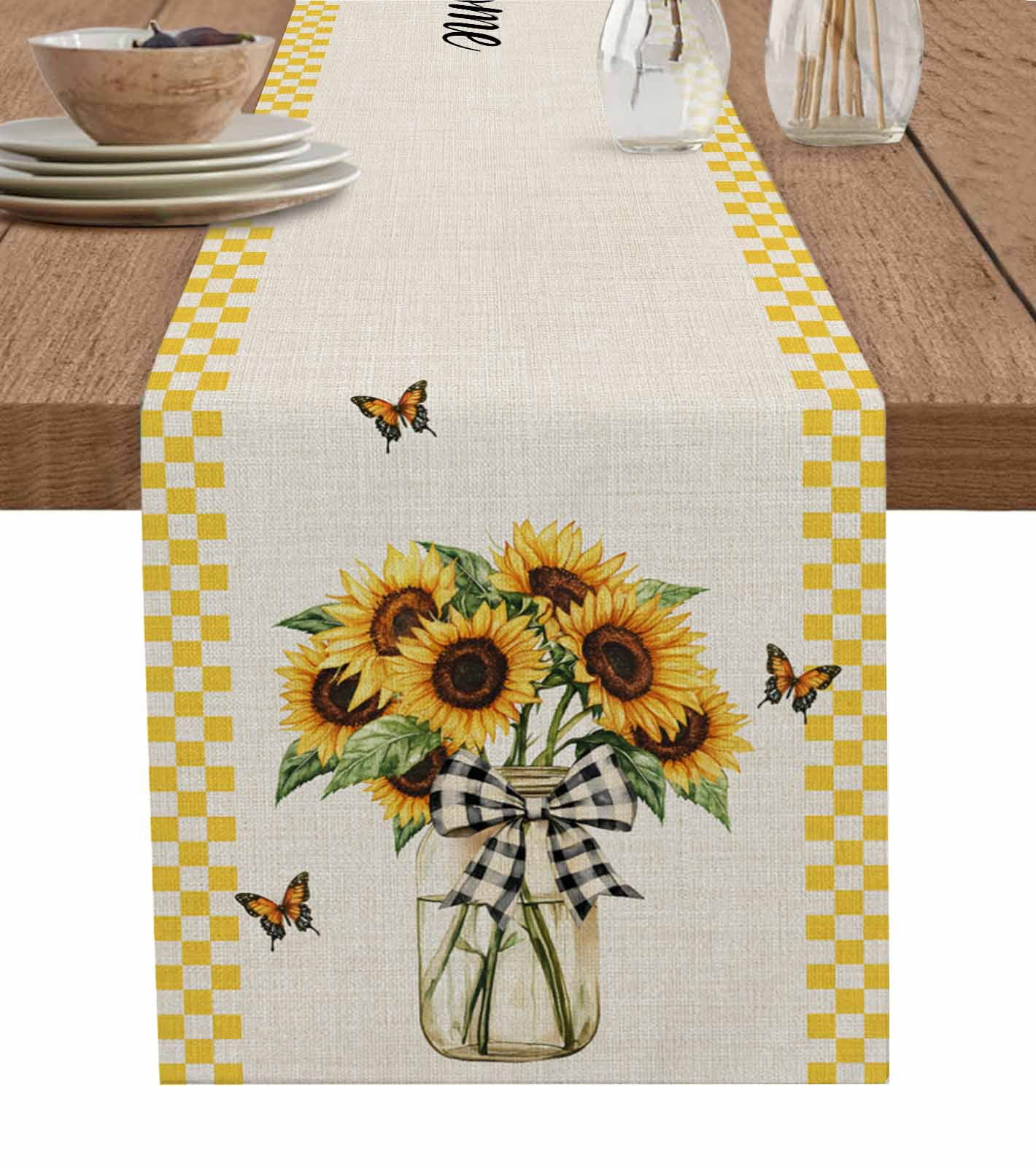 Yellow Sunflower Table Runner 72 Inches, Butterfly Plaid Bow Retro ...