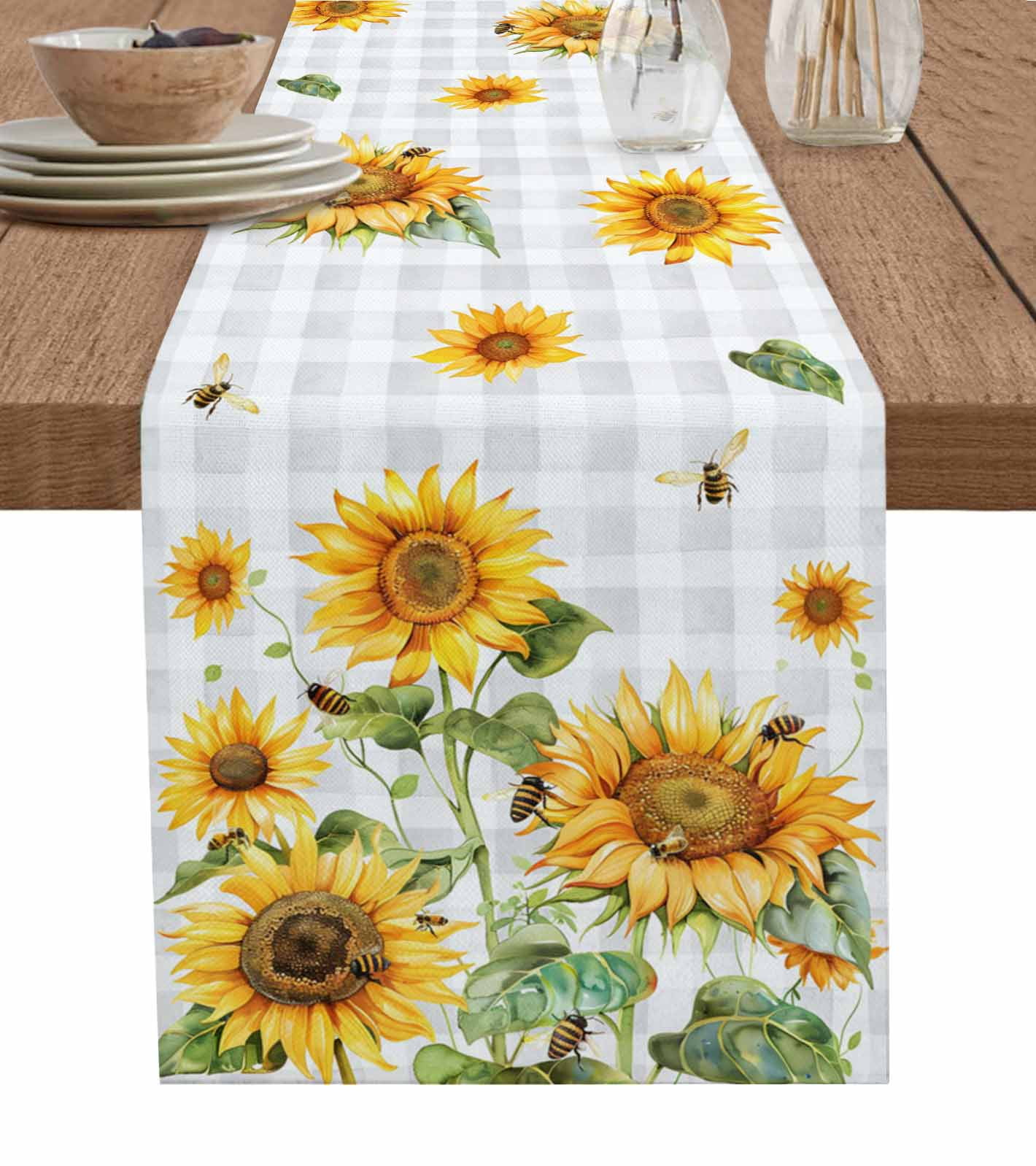 Yellow Sunflower Table Runner 72 Inches, Grey Plaid Country Bee ...