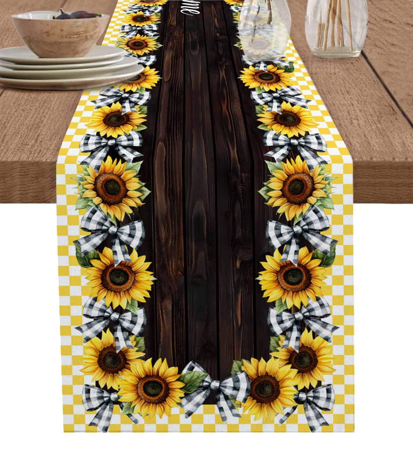 Yellow Sunflower Table Runner 72 Inches, Plaid Black Bows Plank Country ...