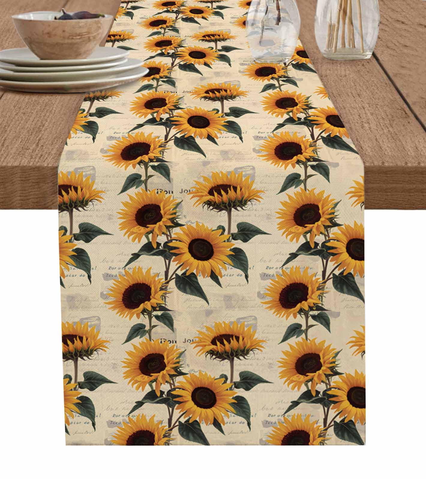 Yellow Sunflower Table Runner 72 Inches, Retro Flowers Botanical ...