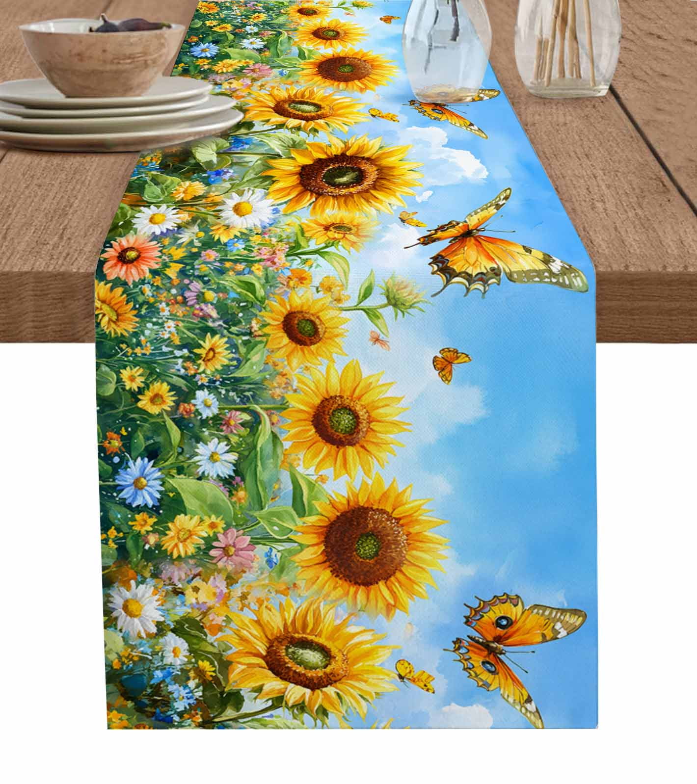 Yellow Sunflower Table Runner 72 Inches, Spring Floral Leaves Butterfly ...