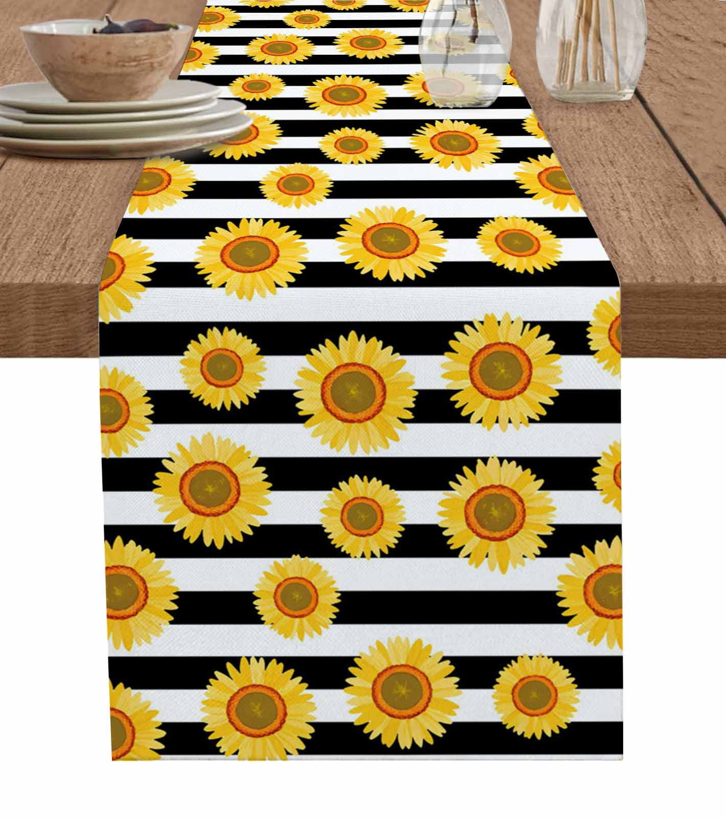 Yellow Sunflower Table Runner Black White Stripe Farmhouse Tablerunners ...