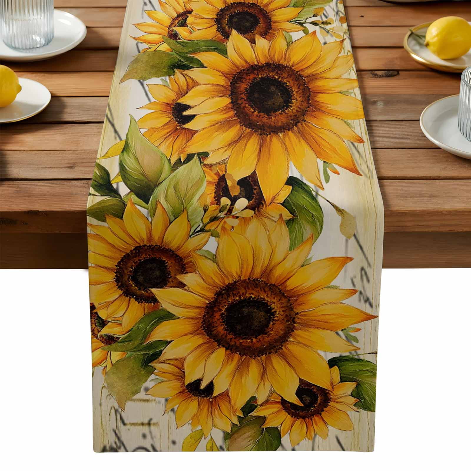 Yellow Sunflower Table Runner, Watercolor Flowers Leaf Vintage Letter ...