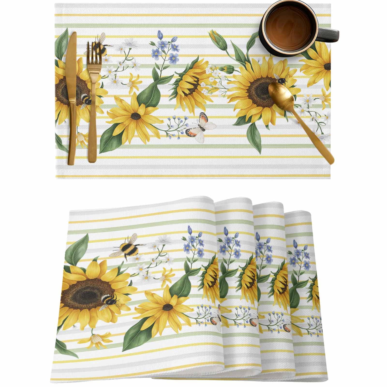 Yellow Sunflower Watercolor Flower Green Leaves Placemats Set of 4 ...
