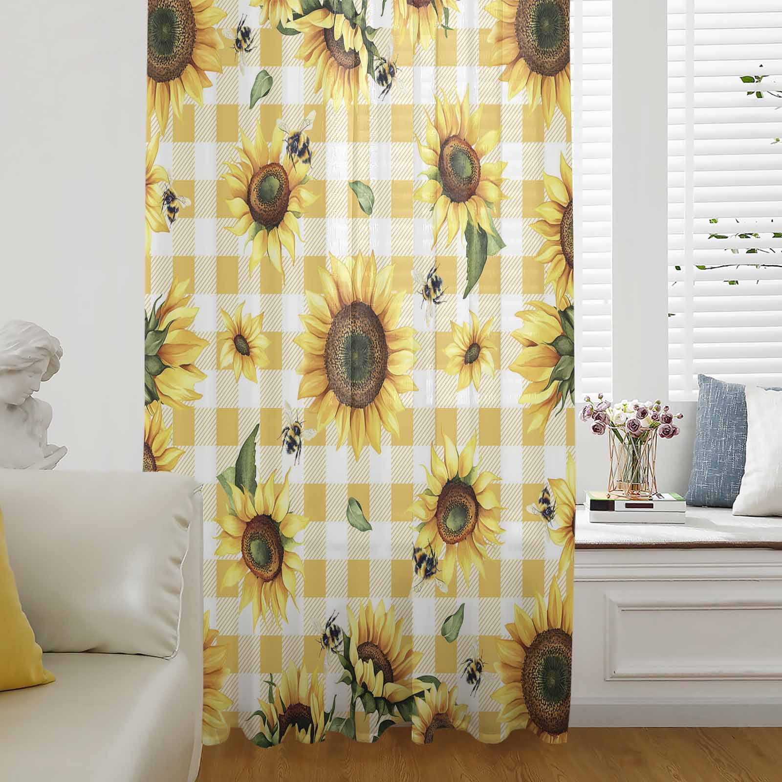 Yellow Sunflower Window Curtain 108 Inches Long,Vintage Country Bee ...