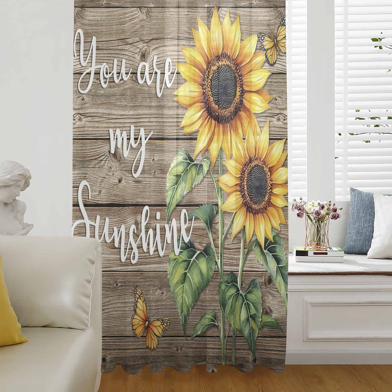 Yellow Sunflower Window Curtain 84 Inches Long,Butterfly Sunshine Brown Farmhouse Wood Semi ...