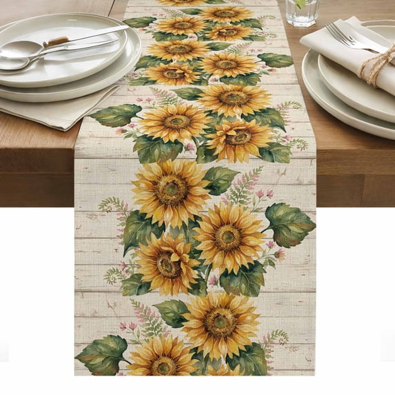 Yellow Sunflowers Cotton Linen Table Runner Summer Spring Retro Floral ...