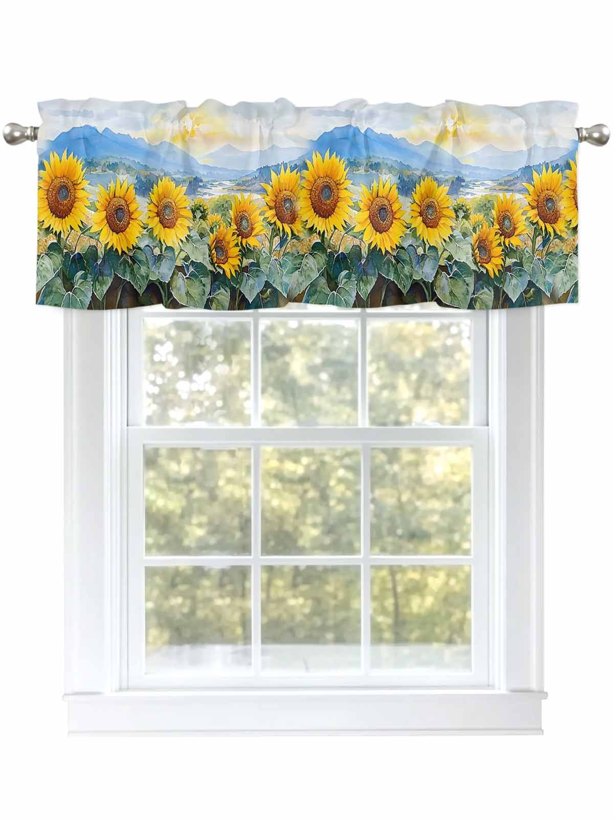 Yellow Sunflowers Curtain Valances for Windows, Watercolor Farmhouse ...