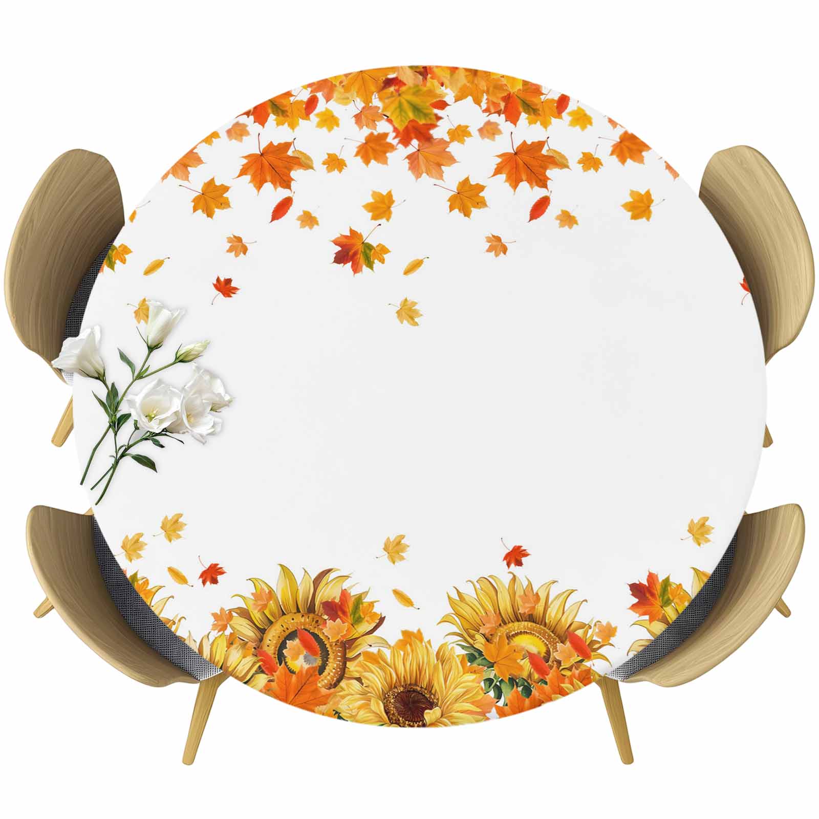 Yellow Sunflowers Fall Round Tablecloth, Fitted Table Cover with ...