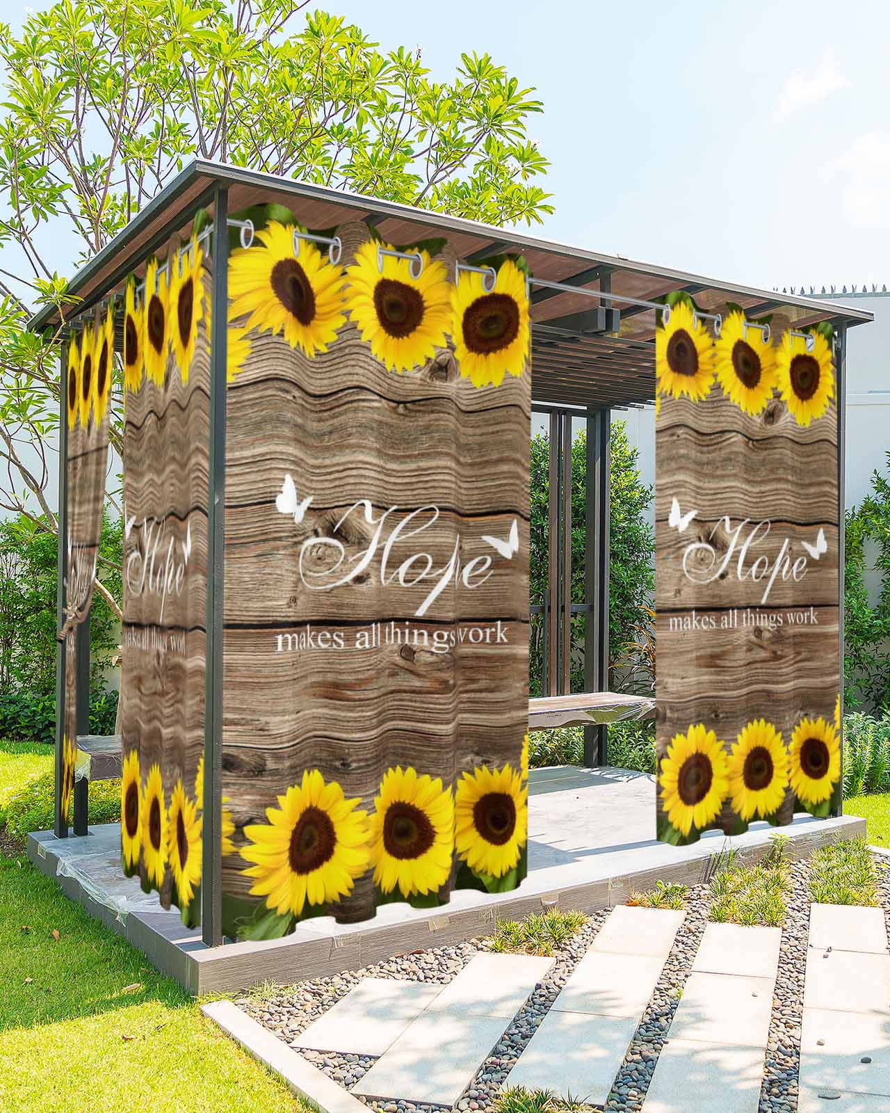 Yellow Sunflowers Outdoor Curtains for Patio, Hope Brown Wood Striped ...