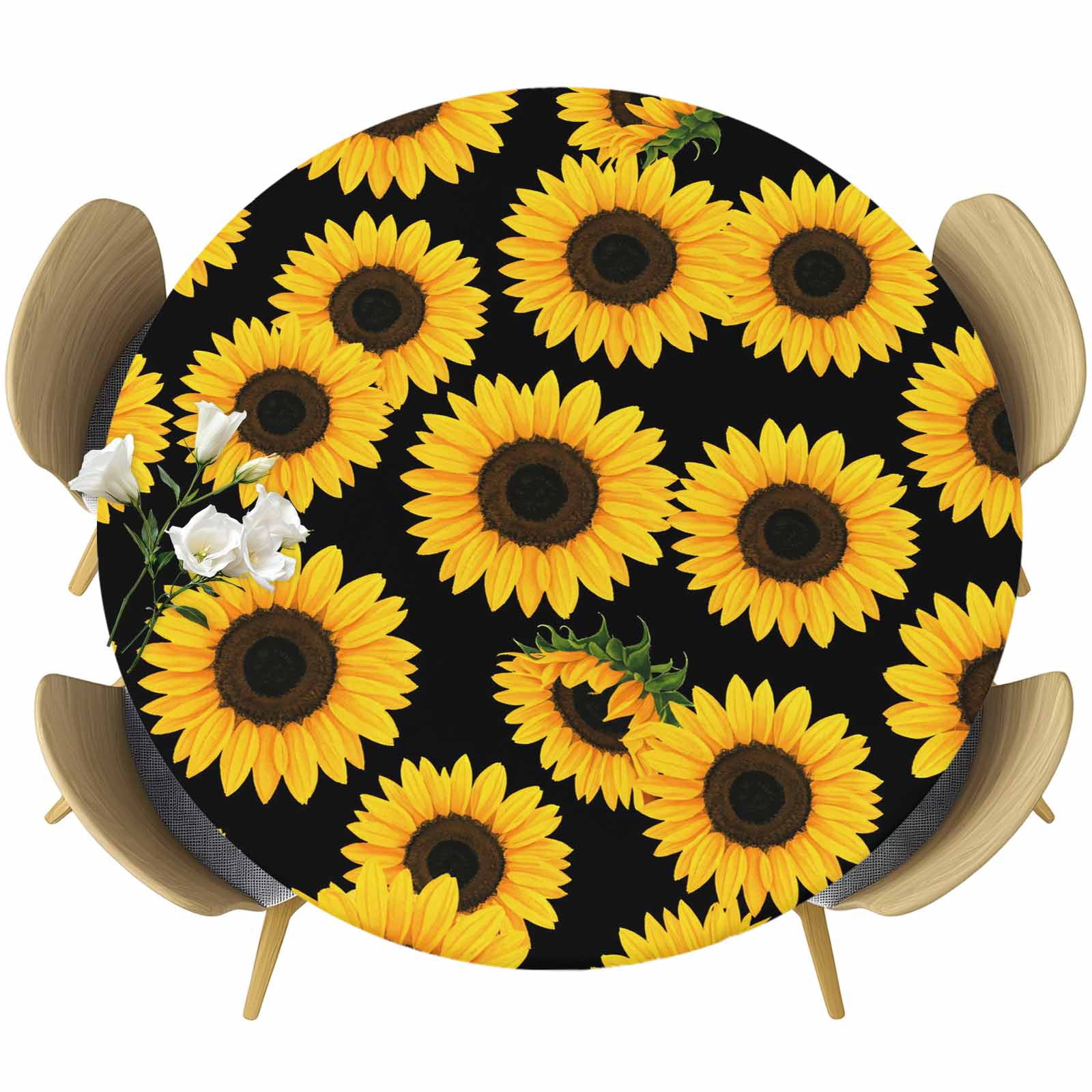 Yellow Sunflowers Round Tablecloth, Fitted Table Cover with Elastic for ...