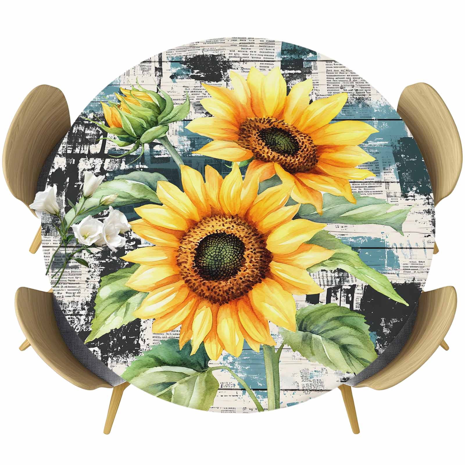 Yellow Sunflowers Round Tablecloth, Fitted Table Cover with Elastic for ...