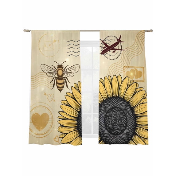 Yellow Sunflowers Sheer Curtains 63 Inch Long 2 Panels, Bee Heart ...