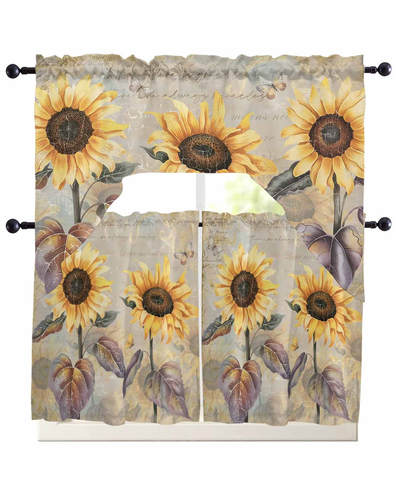 Yellow Sunflowers Swag Curtains for Living Room/Bedroom Windows, Retro ...