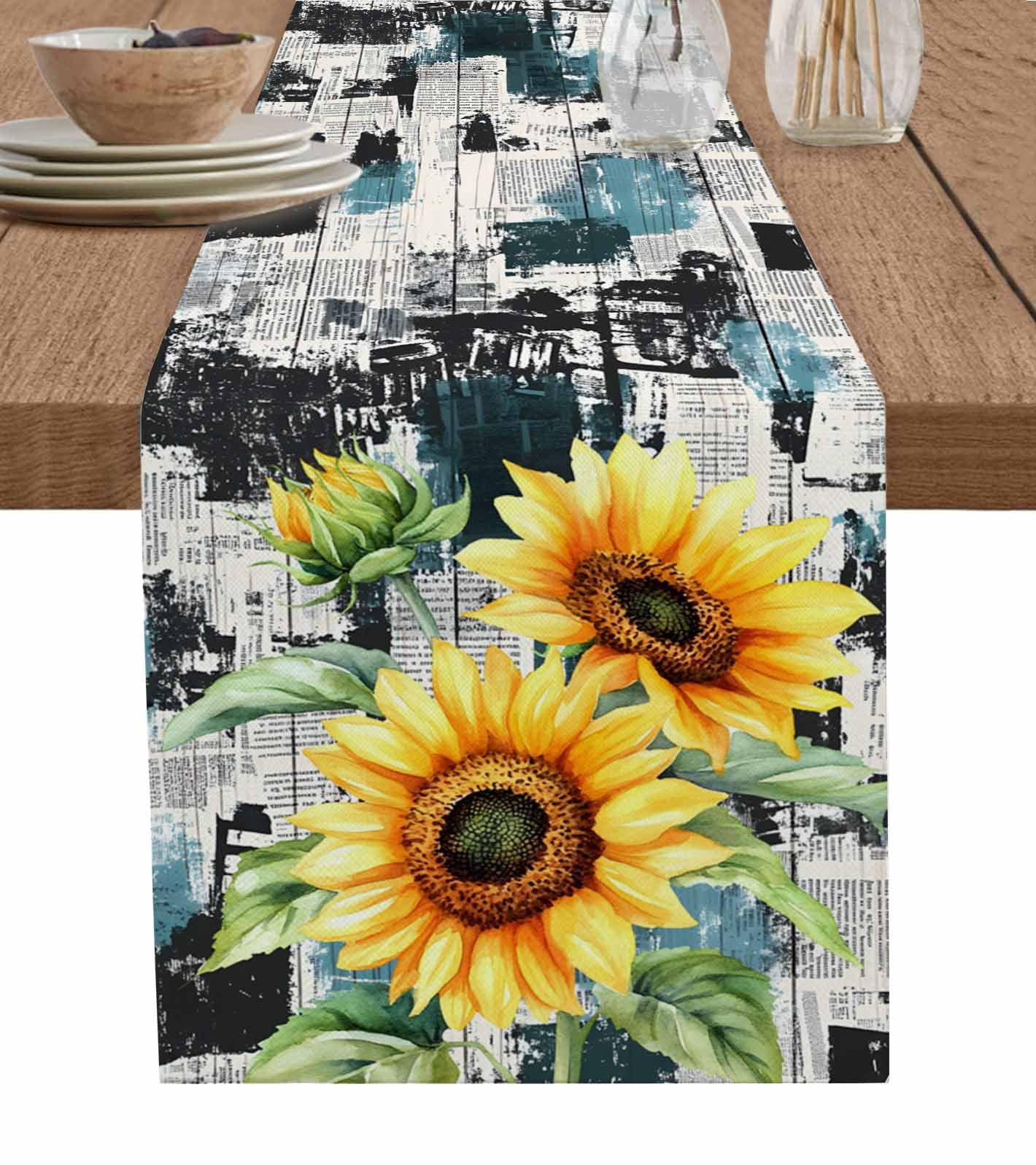 Yellow Sunflowers Table Runner 72 Inches, Retro Farmhouse Botanical ...