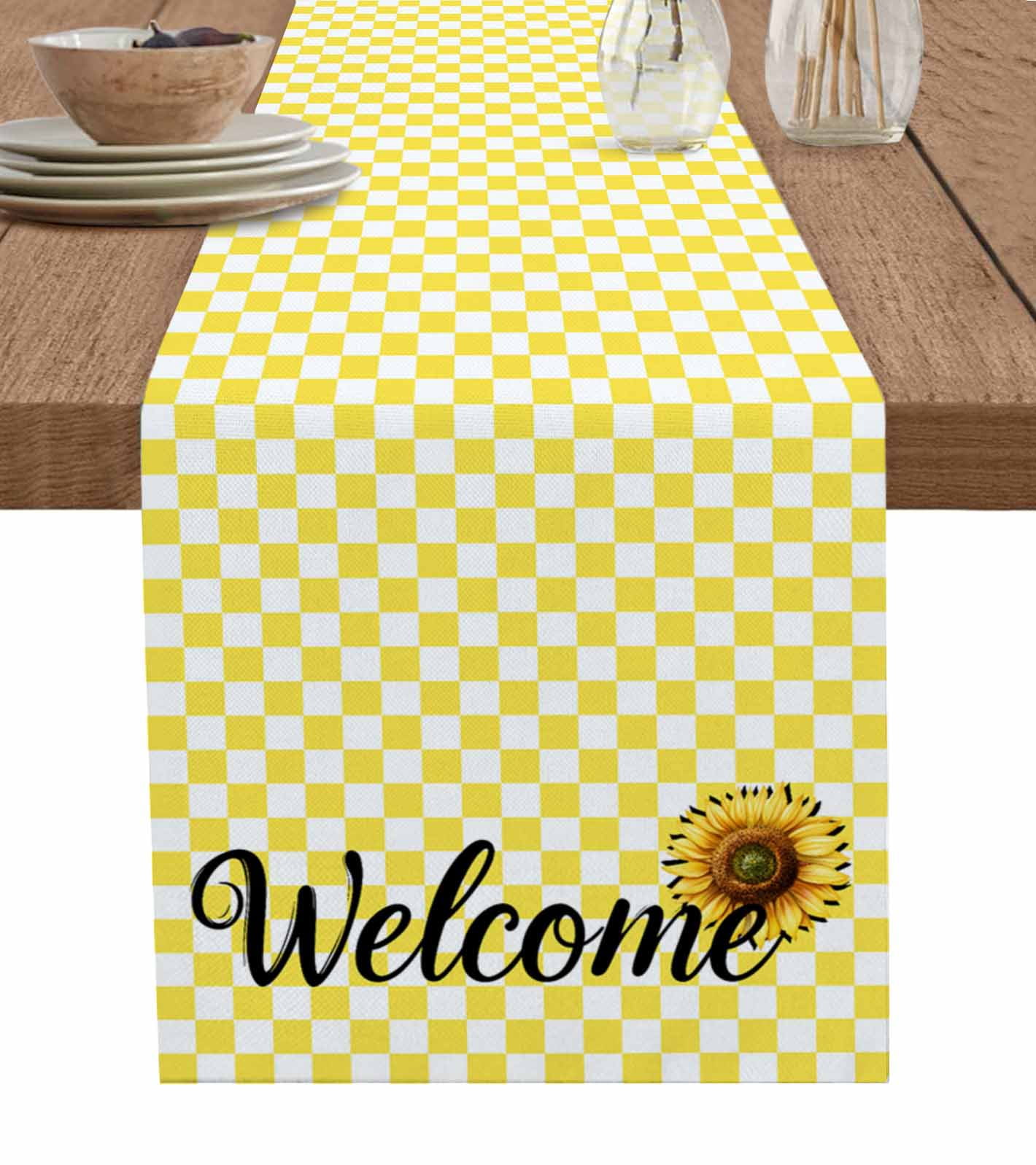 Yellow Sunflowers Table Runner 72 Inches, Spring Flower Retro Plaid Bed ...