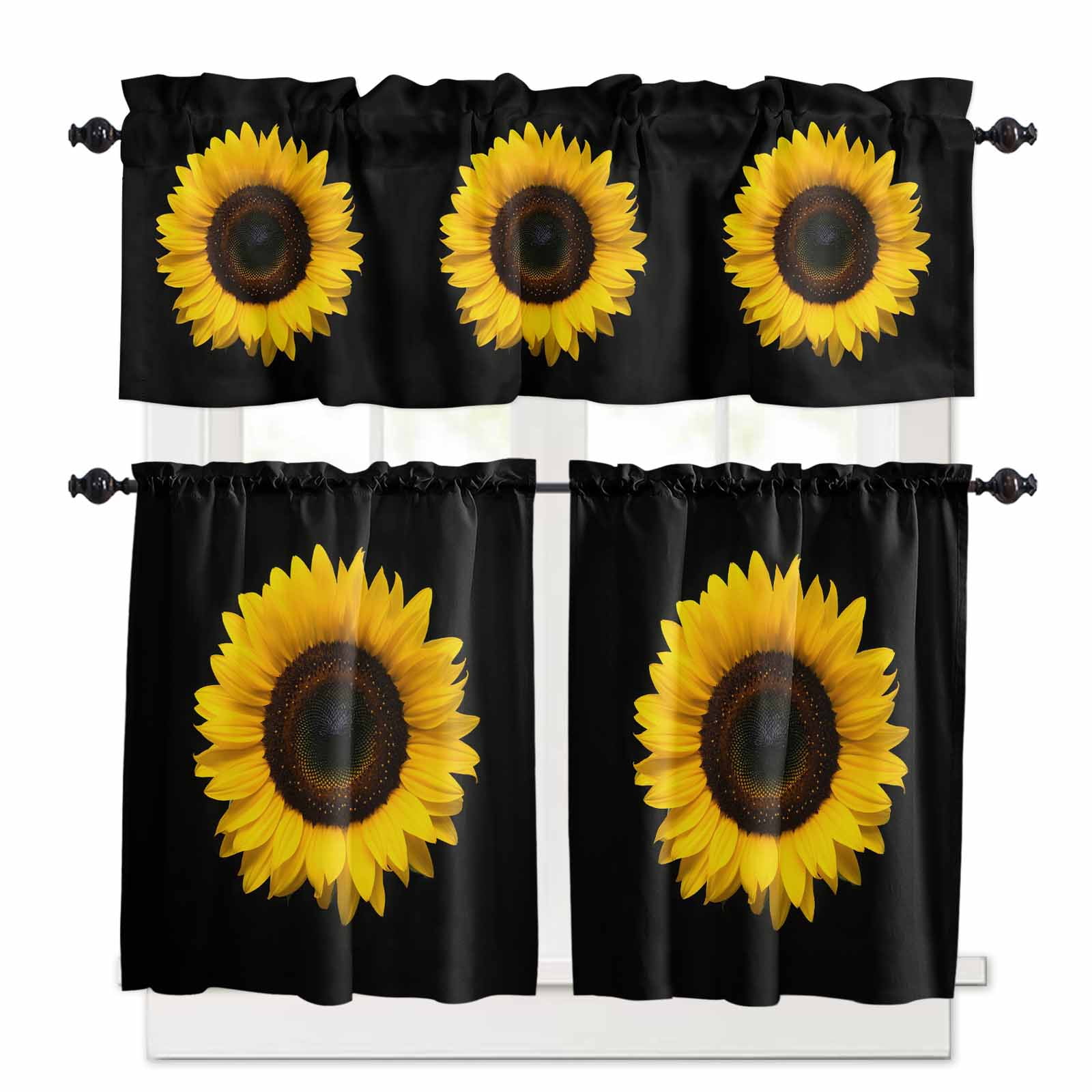 Yellow Sunflowers Window Curtains Valance Set of 3 Black Background ...