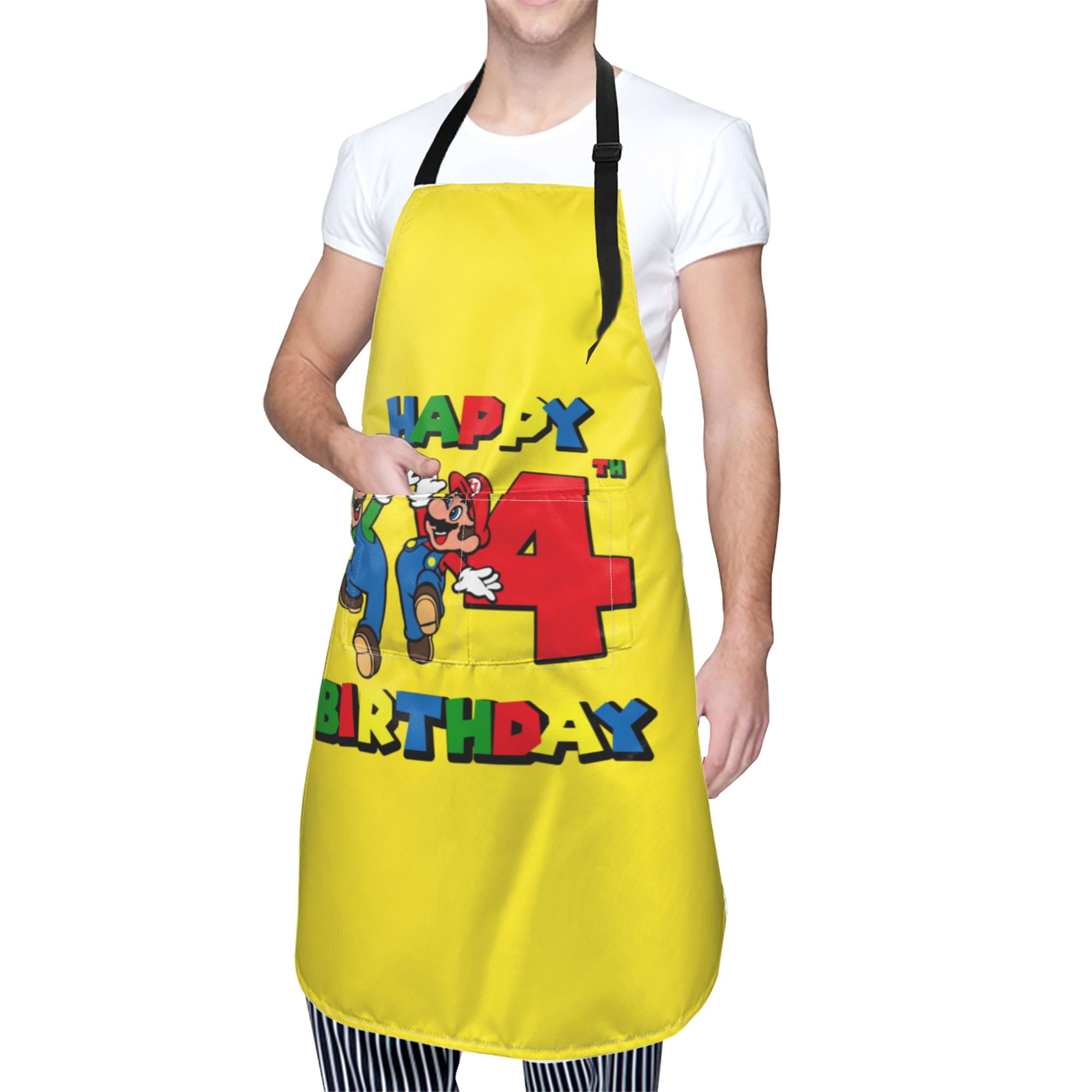 Yellow Super Mario Happy Birthday 4th Waterproof Apron with 2 Pockets ...