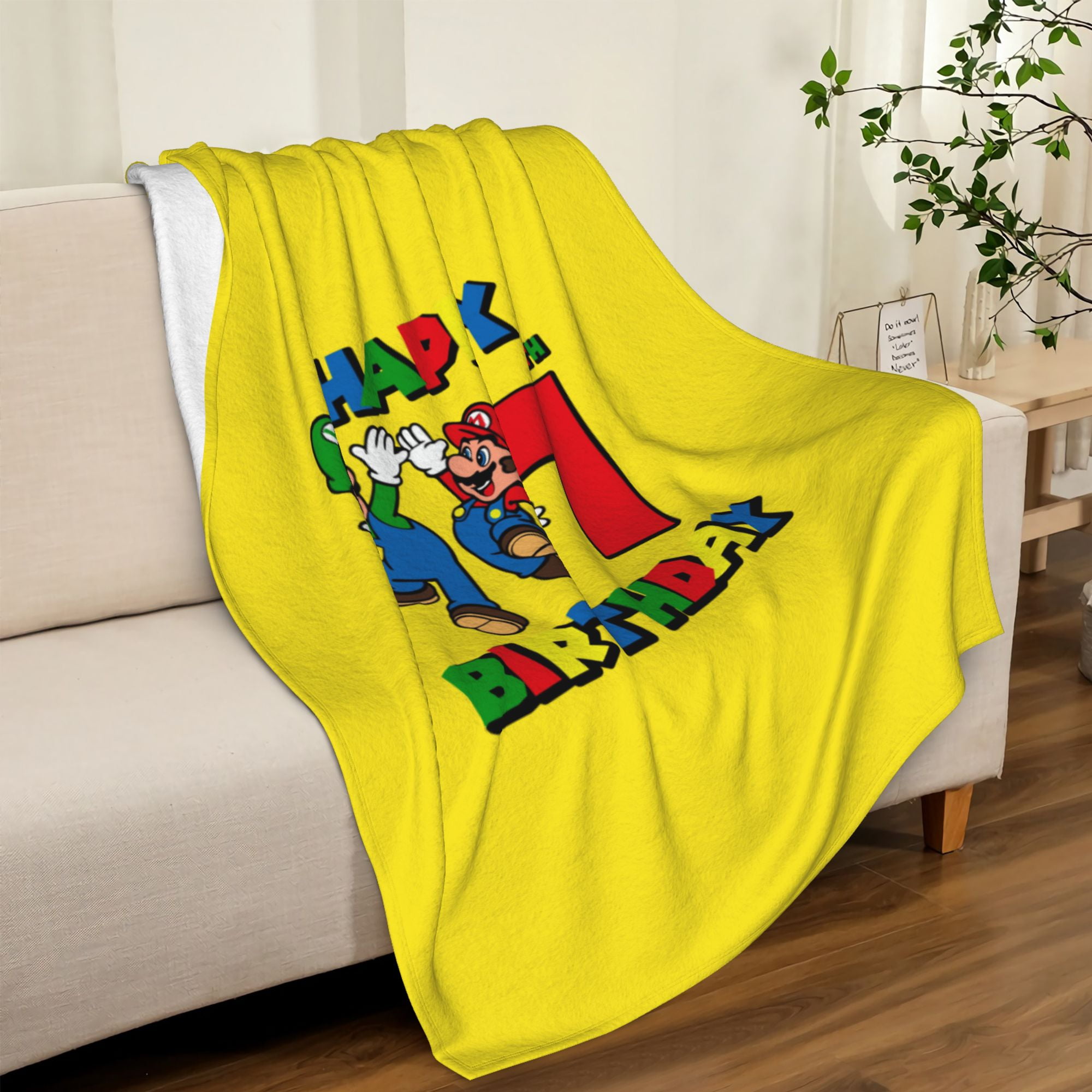 Yellow Super Mario Happy Birthday 7th Kid's Throw Blanket - Plush 320GSM-40"x60" Throw Blanket ...