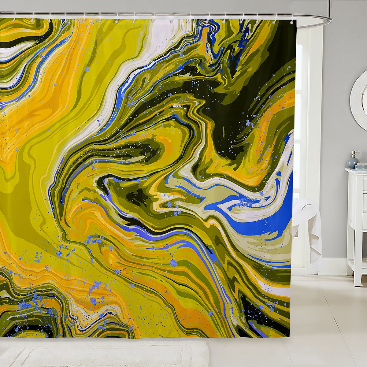 Yellow Swirl Bath Curtain Gold Marble Shower Curtain Psychedelic Stone