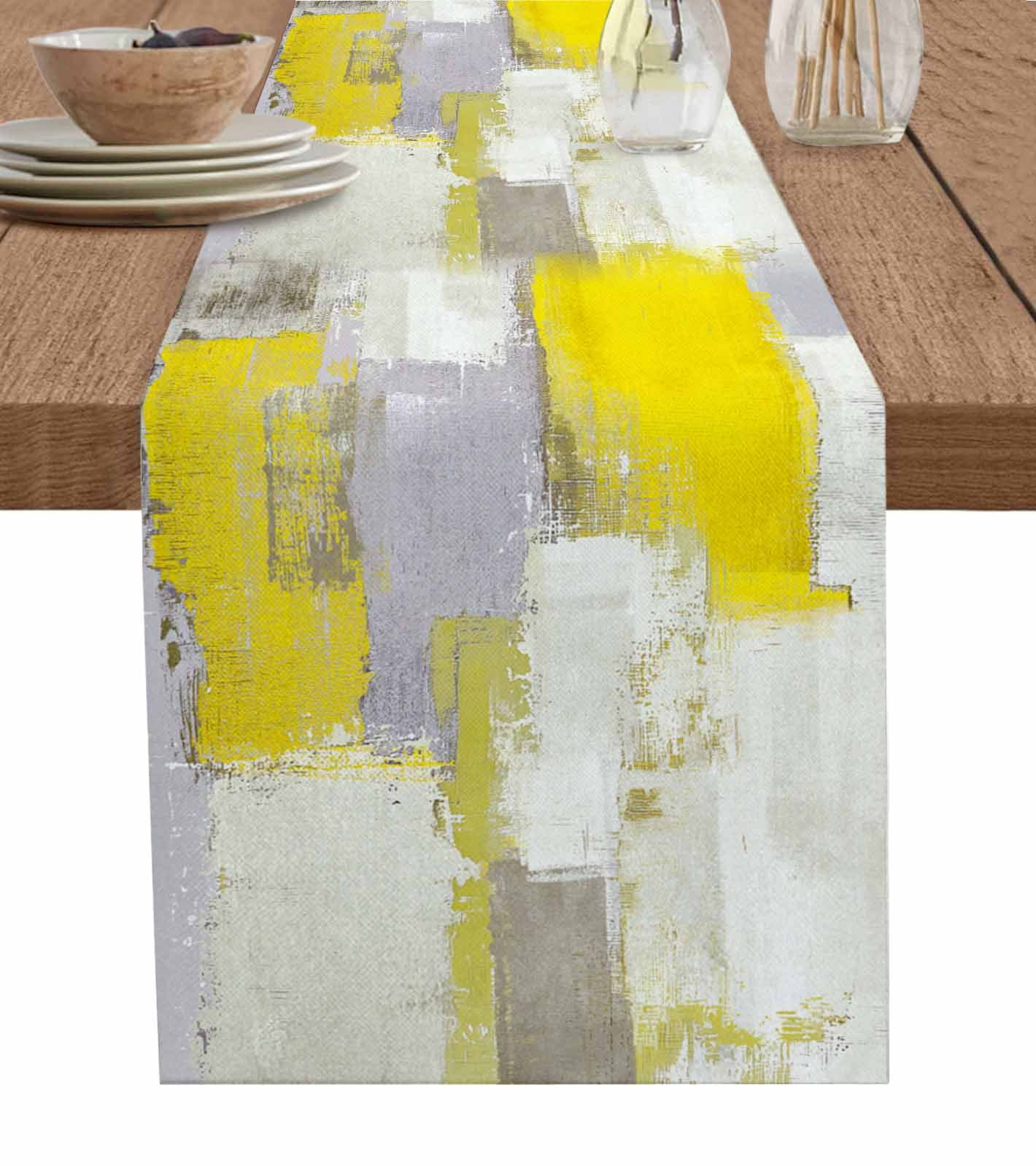 Yellow Table Runner 90 Inches, Modern Geometric Grey Oil Painting ...