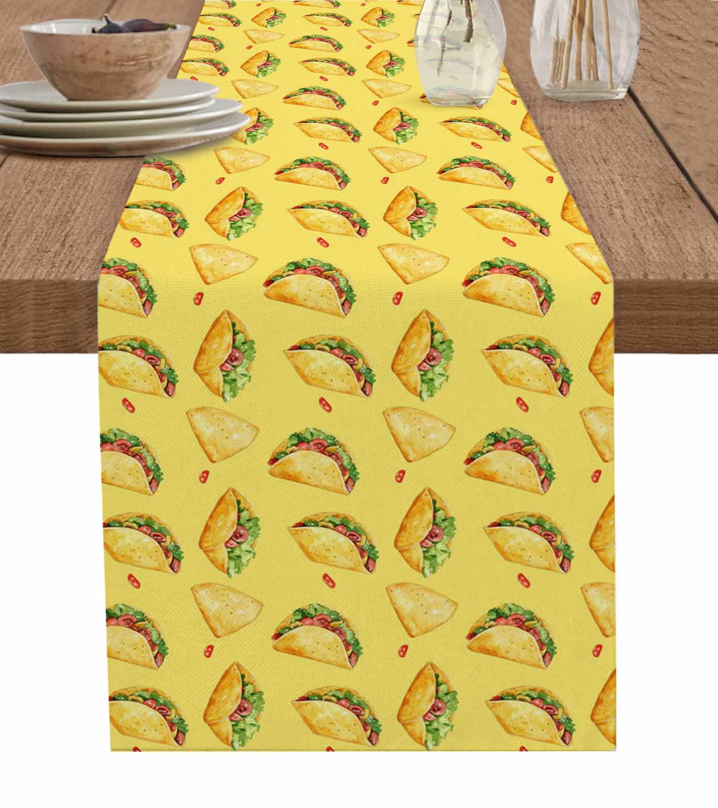 Yellow Tacos Table Runner 72 Inches, Cheese Vegetables Cartoon Food Bed ...