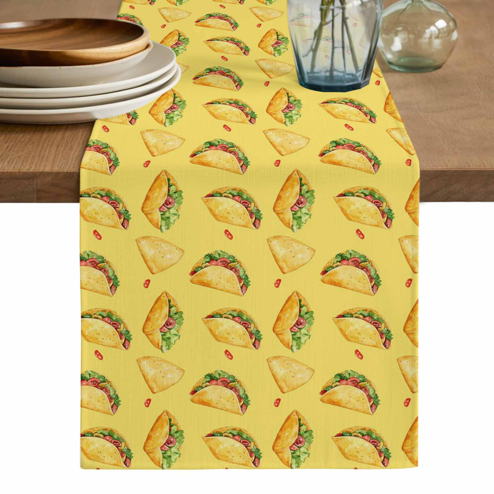Yellow Tacos Table Runner, Cheese Vegetables Cartoon Food Washable ...