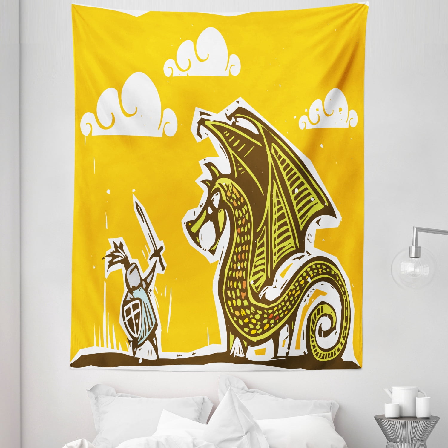 Yellow Tapestry, Knight Shield in Steel Armour Against Wings Cartoon ...