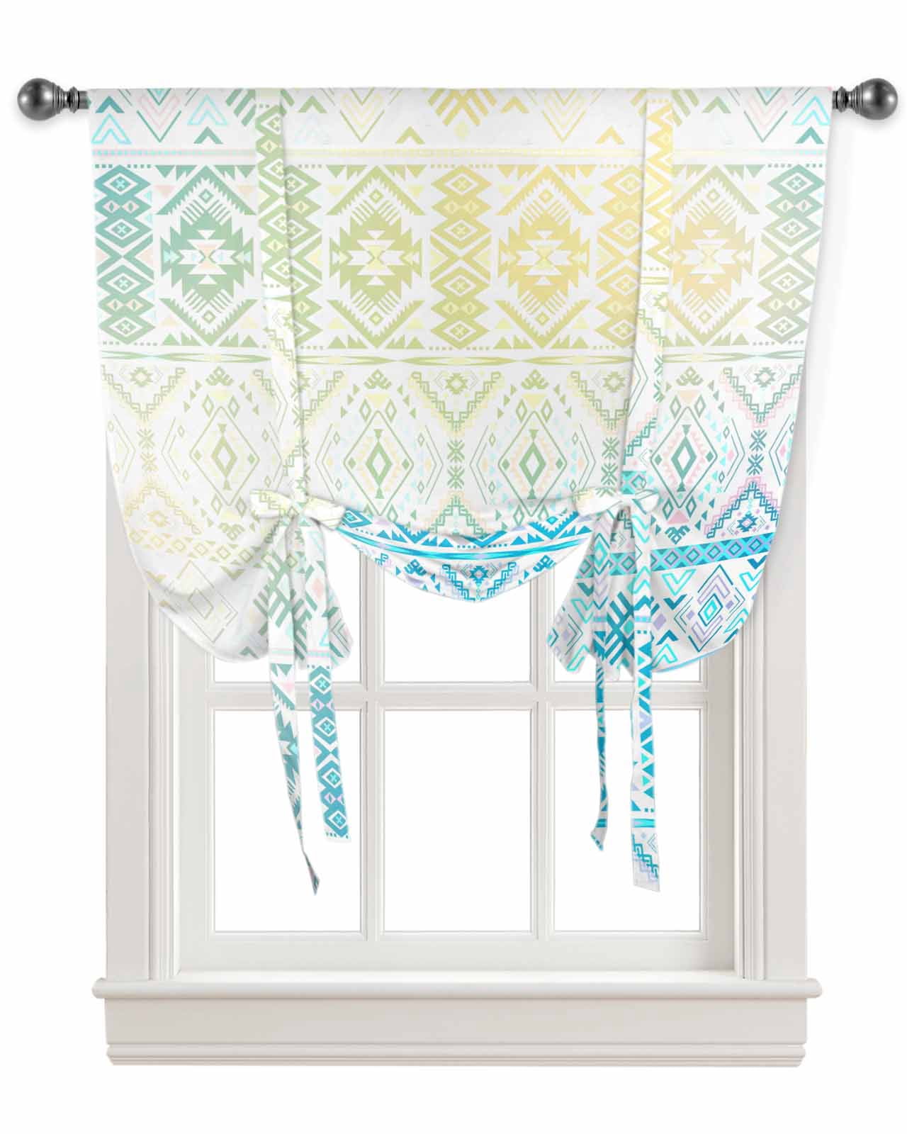 Yellow Teal Blue Southwestern Tie Up Curtains for Kitchen Bathroom ...
