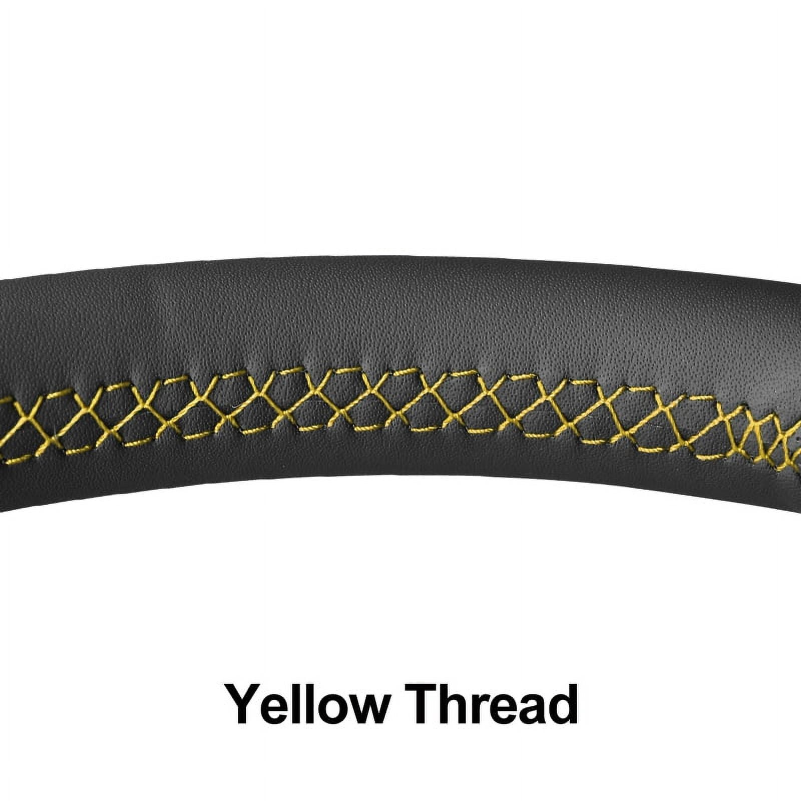 (Yellow Thread)Hand Stitch Black Artificial PU Leather Car Steering ...