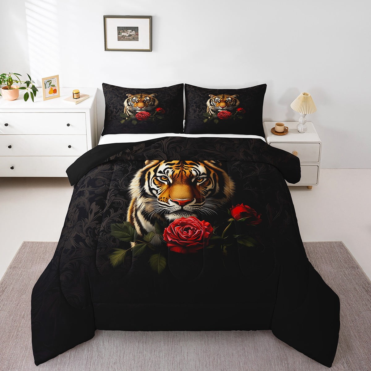 Yellow Tiger Comforter Sets Jungle Animal Beddig Set Adults,Red Rose ...
