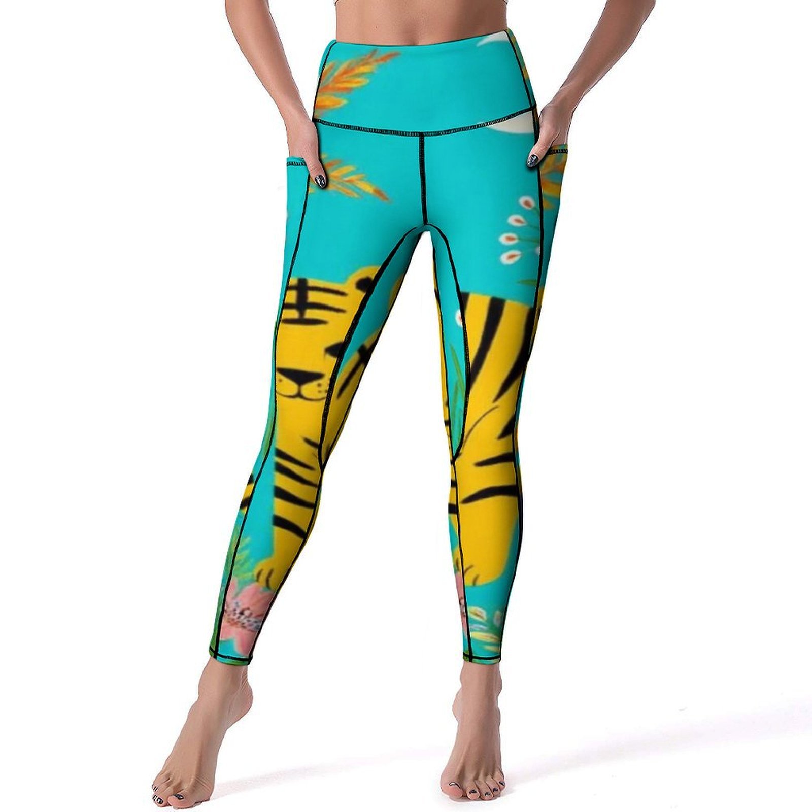 Yellow Tiger Moonlit Jungle Scene Leggings Fitness Gym Yoga Pants High ...