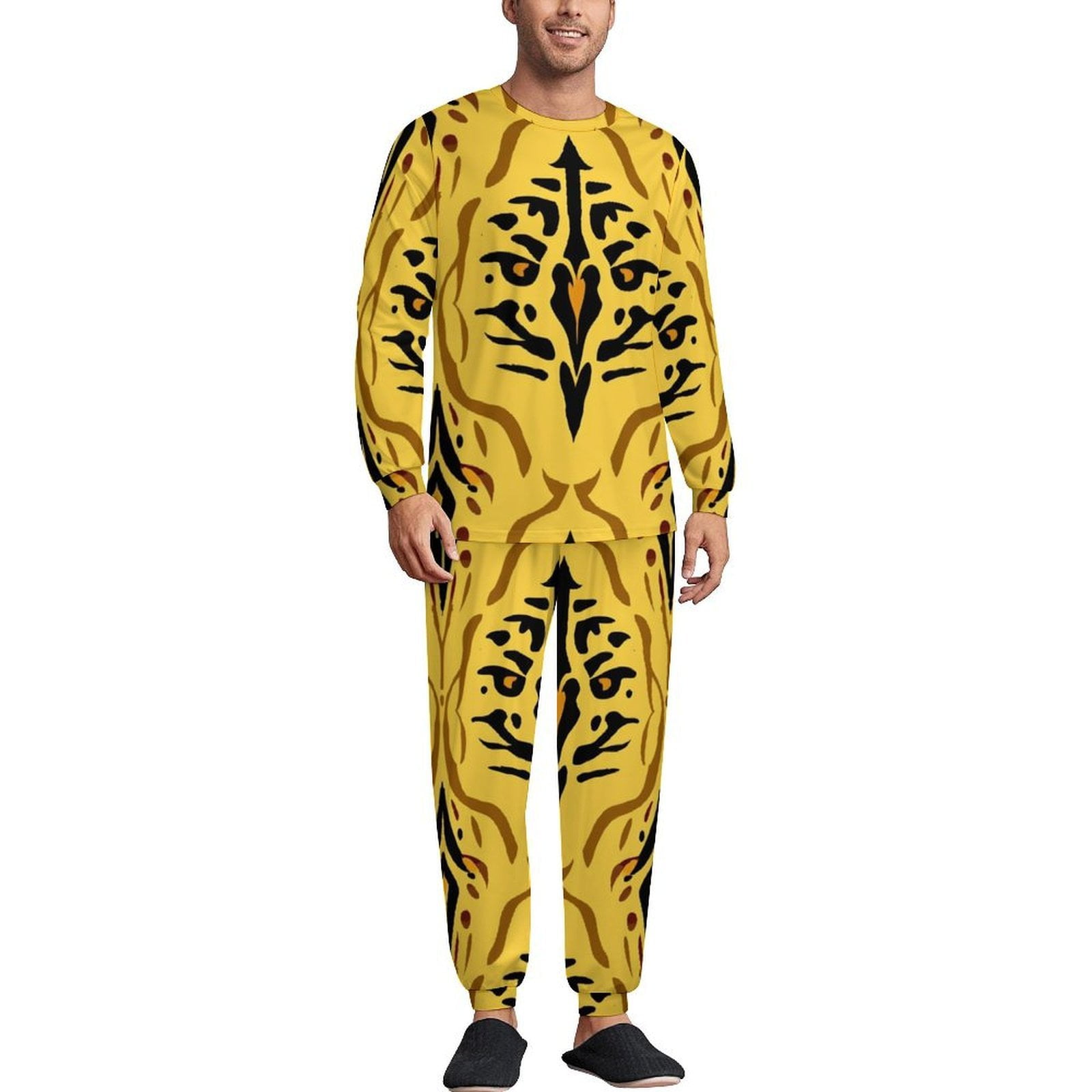 Yellow Tiger Pattern Pajamas Men Home Suit Winter Long Sleeve 2 Piece ...