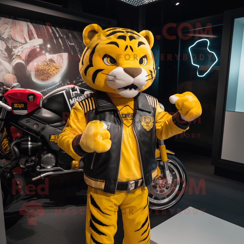 Yellow Tiger REDBROKOLY mascot costume character dressed with a Moto ...