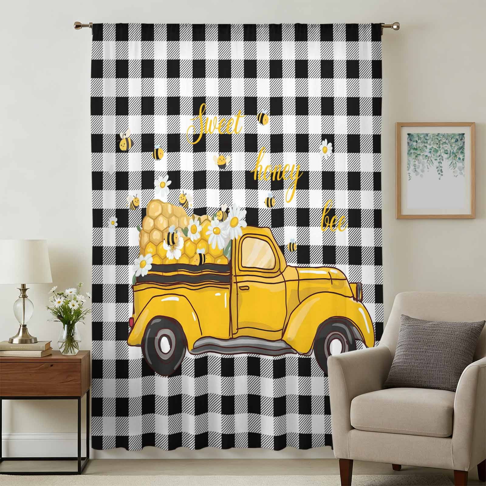 Yellow Truck Sheer Curtains 96 Inches Long, Farmhouse Bee Daisy Black ...