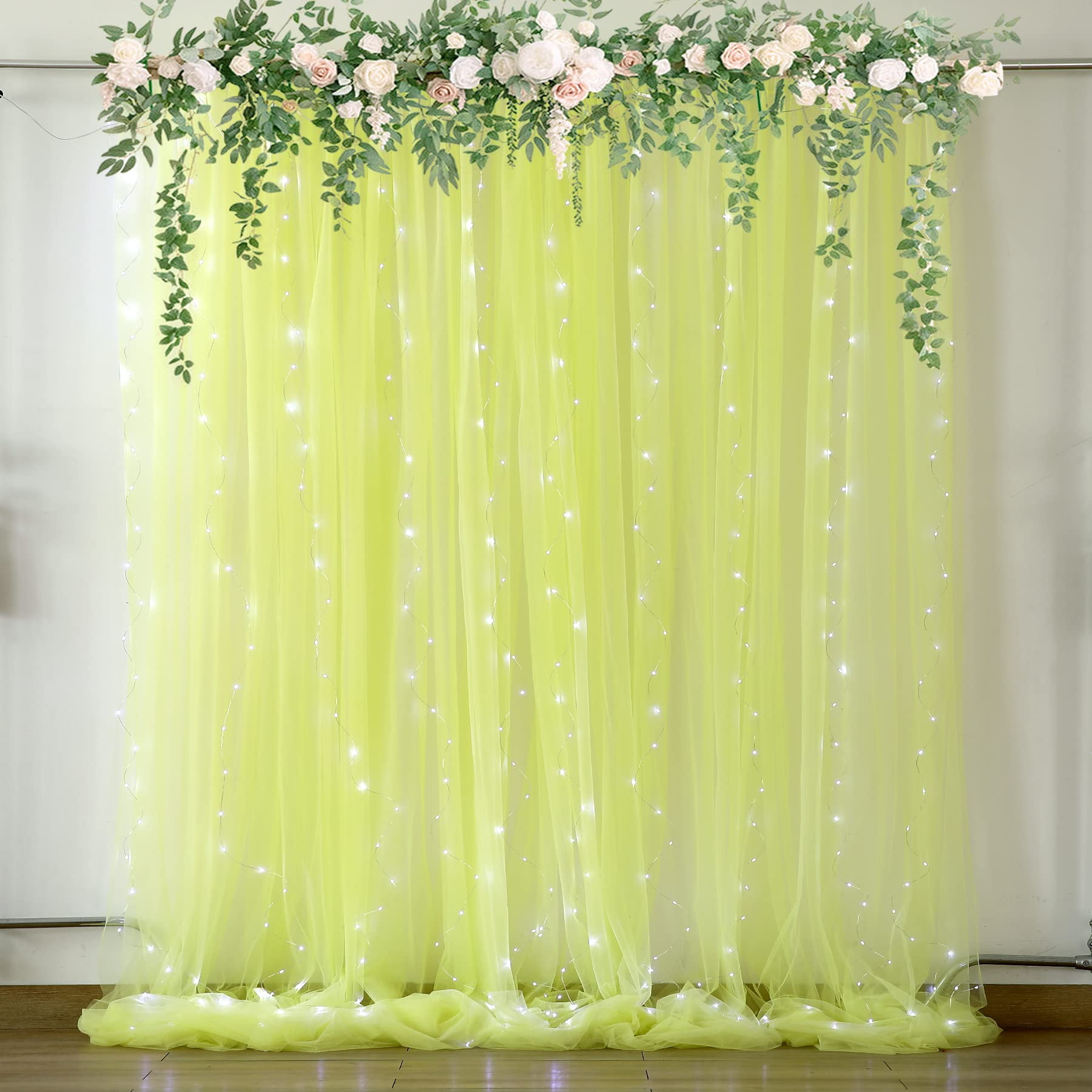 Yellow Tulle Backdrop Curtains with Lights String for Birthday Party ...