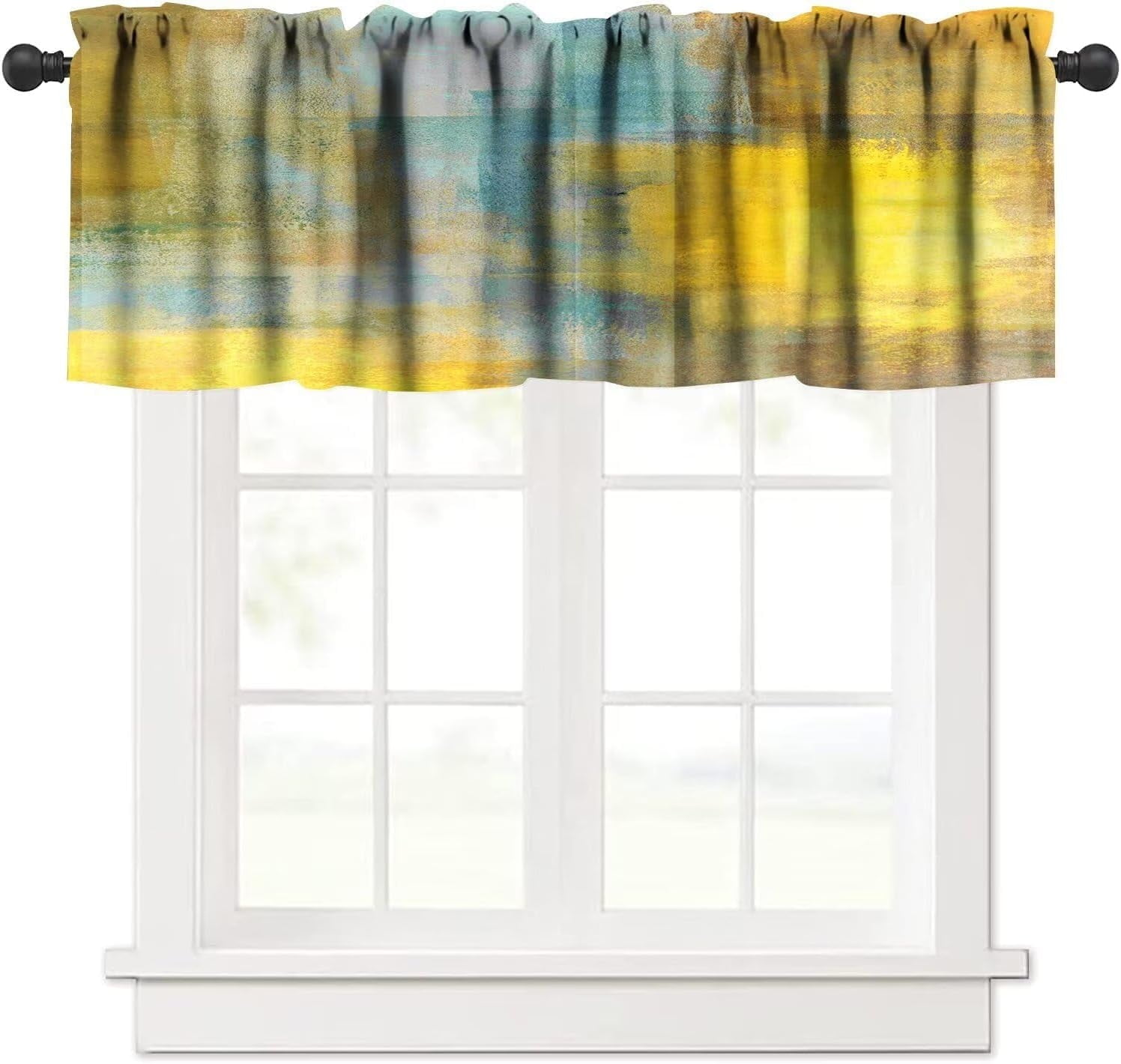 Yellow Turquoise Valance Curtain Abstract Art Painting Rod Pocket ...
