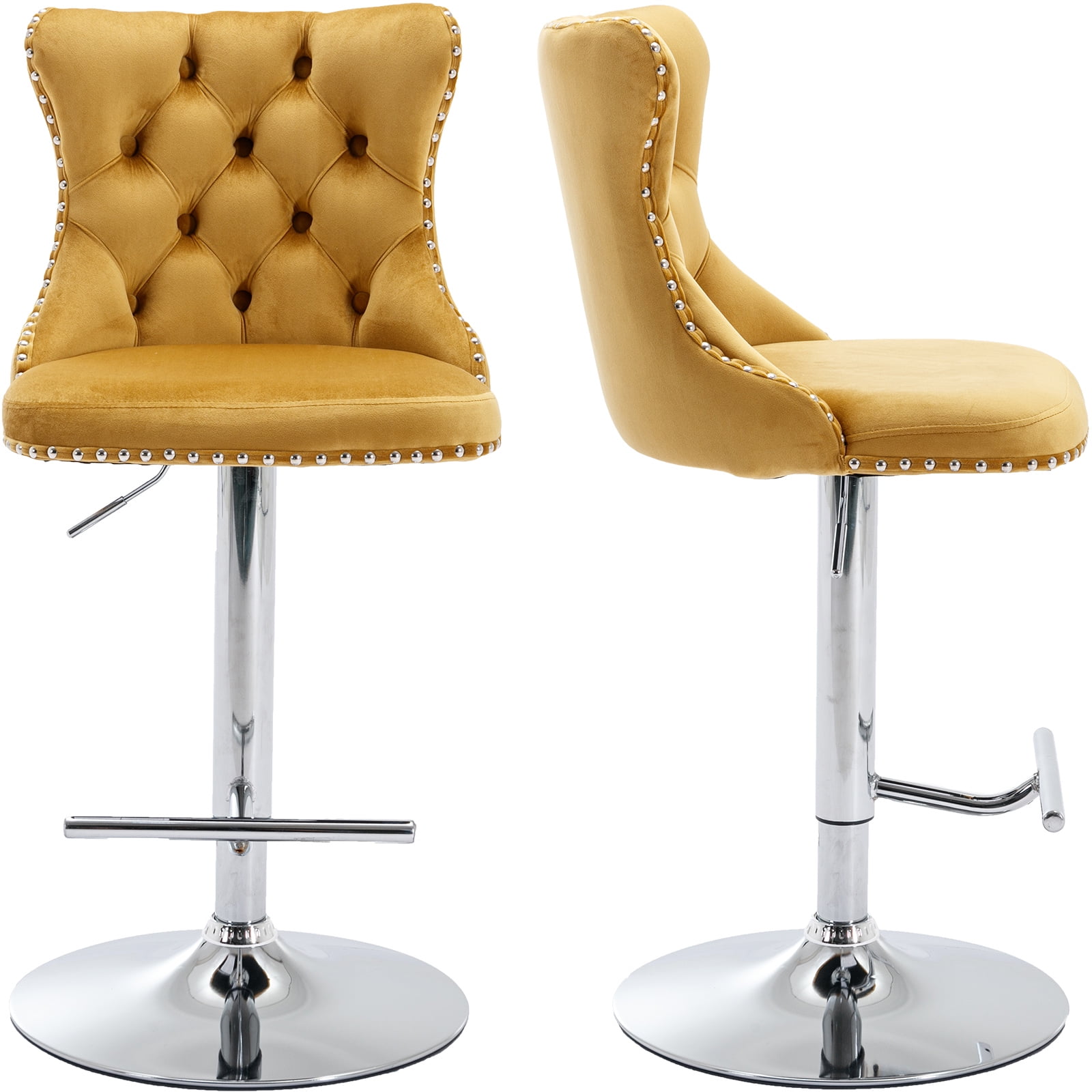 Yellow Velvet Bar Stools Set of 2 - Adjustable Swivel Golden Counter ...