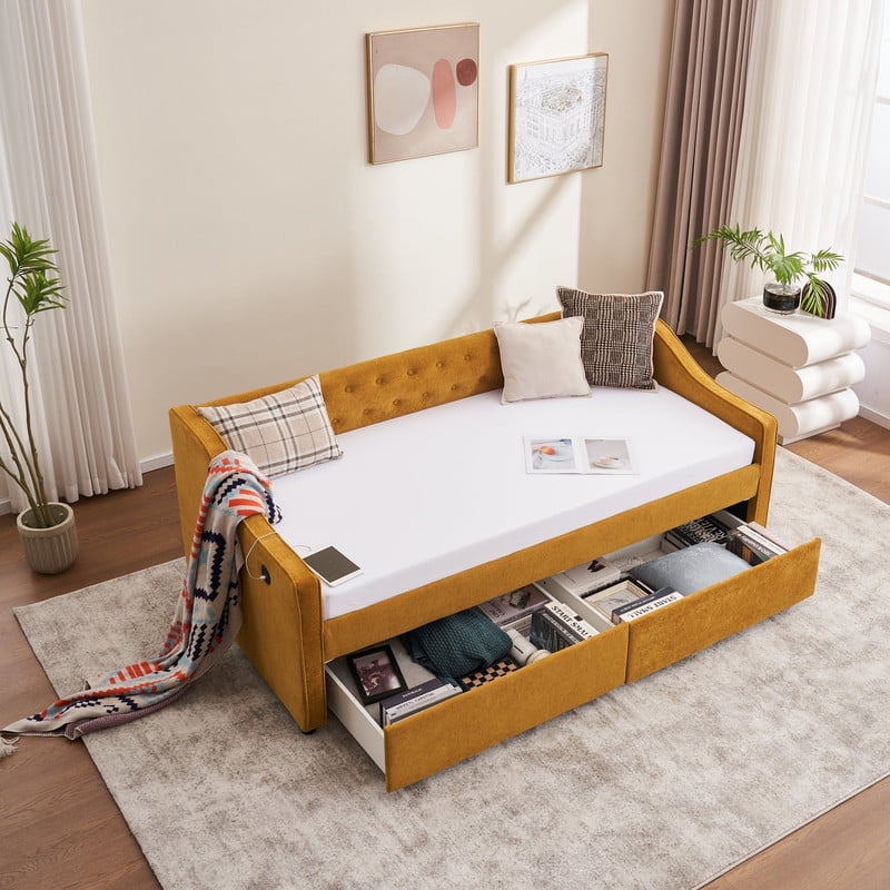 Yellow Velvet Twin Size Upholstered Daybed with Storage Drawers, Solid ...