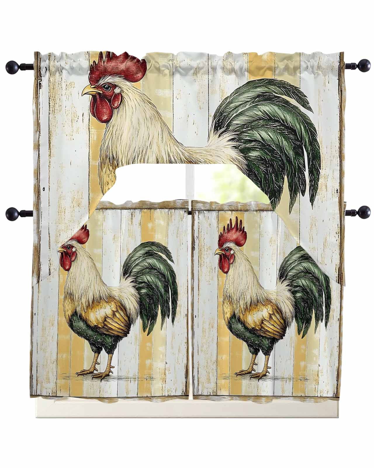 Yellow Vintage Rooster Kitchen Curtains Sets 24 Inch Length with ...