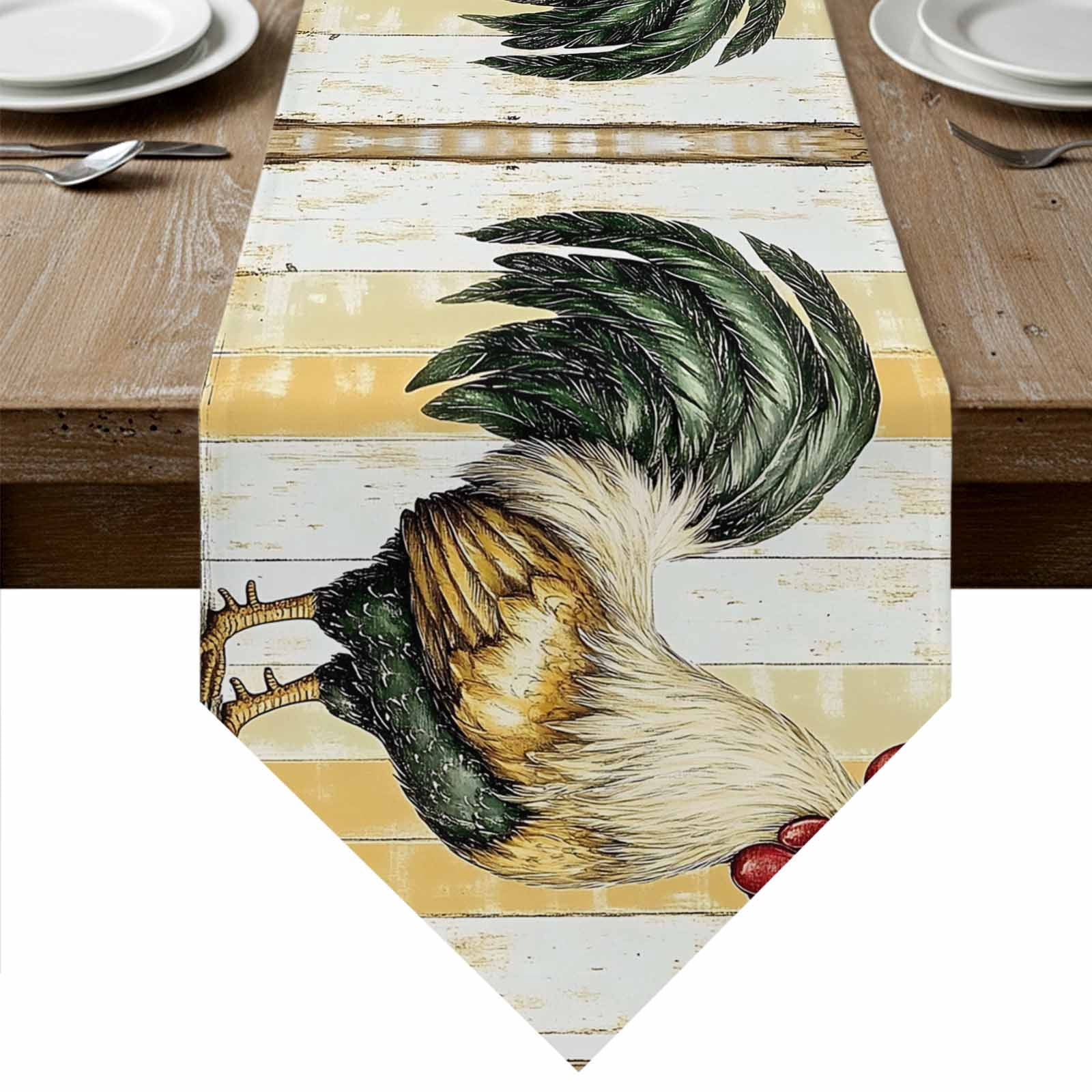 Yellow Vintage Rooster Table Runner Linen Burlap Table Runner 60 Inches ...