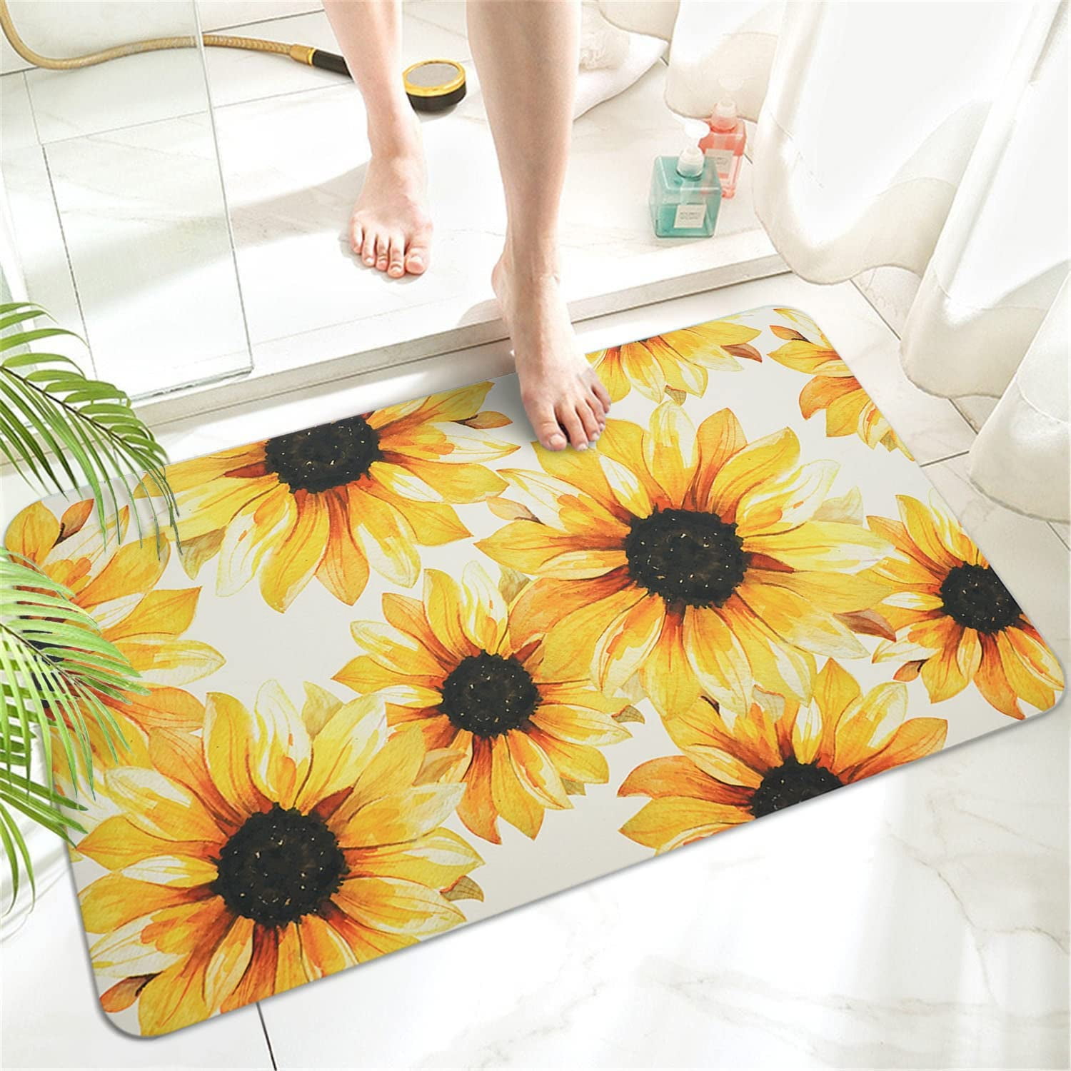 Yellow Watercolor Sunflower Diatomaceous Earth Bath Mat Rug-Rubber Non ...