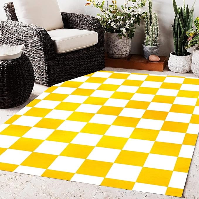 Yellow White Checkered Plaid Pattern Modern Area Rug Ultra Soft Carpet ...