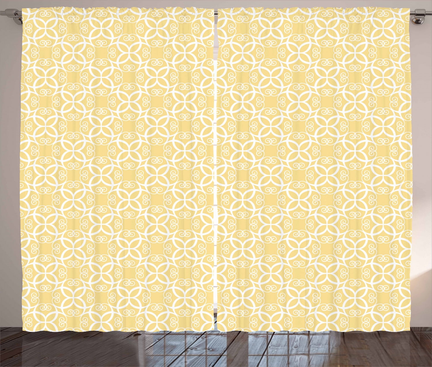 Ambesonne Yellow and White Curtains 2 Panel Set, Ornate Floral, 108" x ...