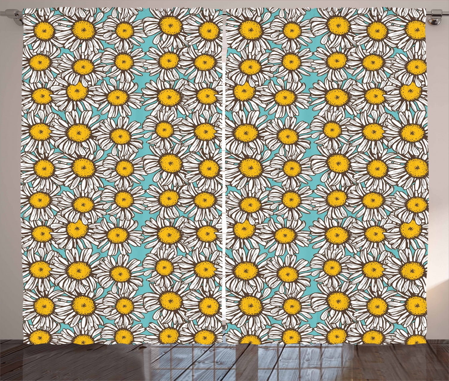 Ambesonne Yellow and White Curtains 2 Panel Set, Sketch Daisies, 108" x ...