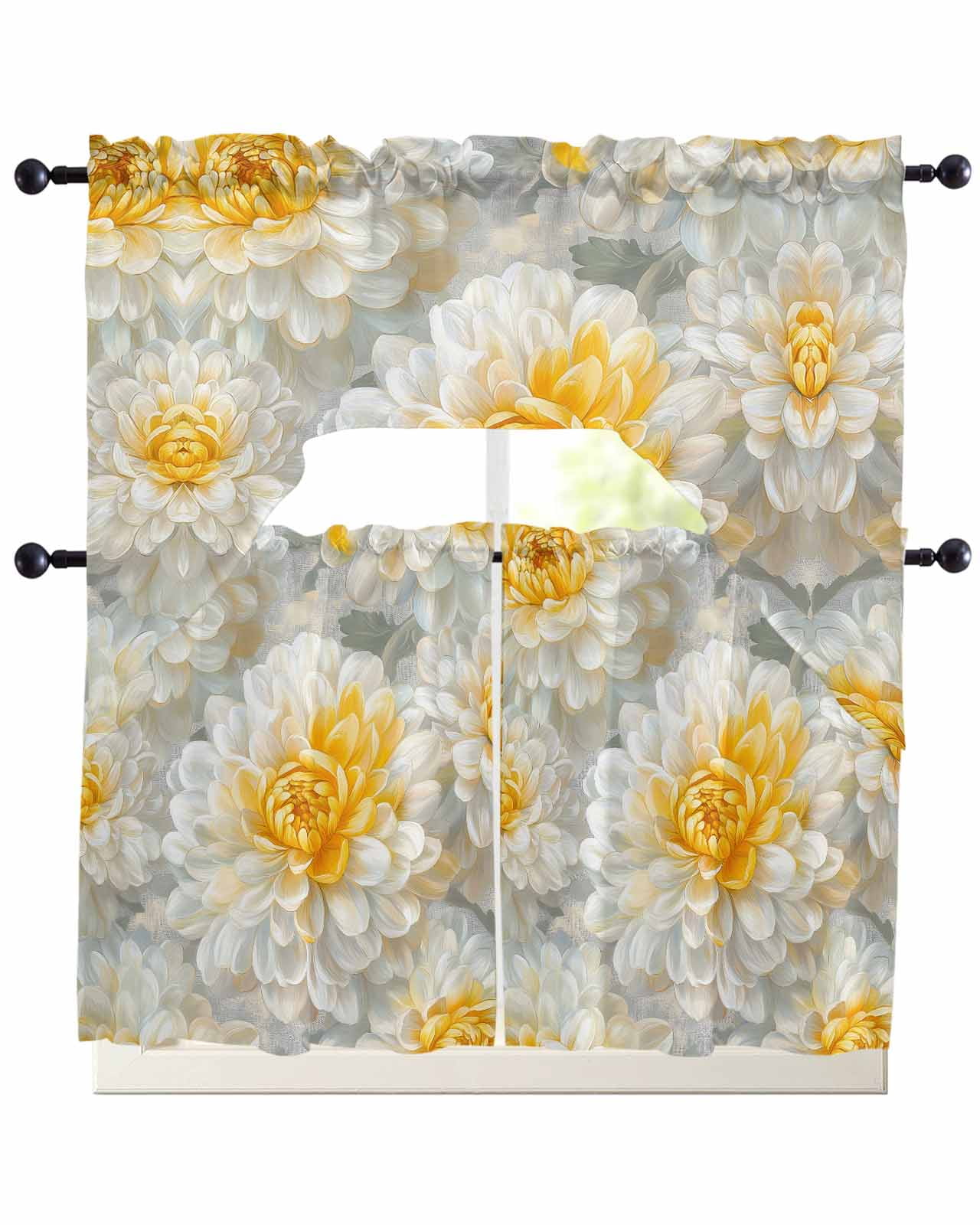 Yellow White Floral Kitchen Curtains Sets 24 Inch Length with Valance ...