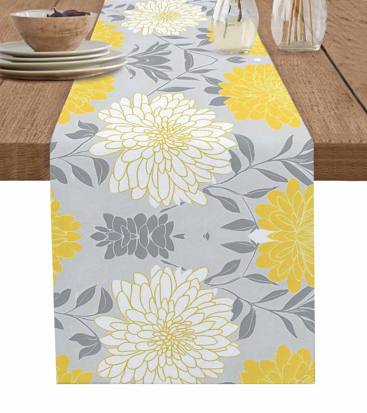 Yellow White Flowers Table Runner Cotton Linen 108 Inch Holiday Dresser ...