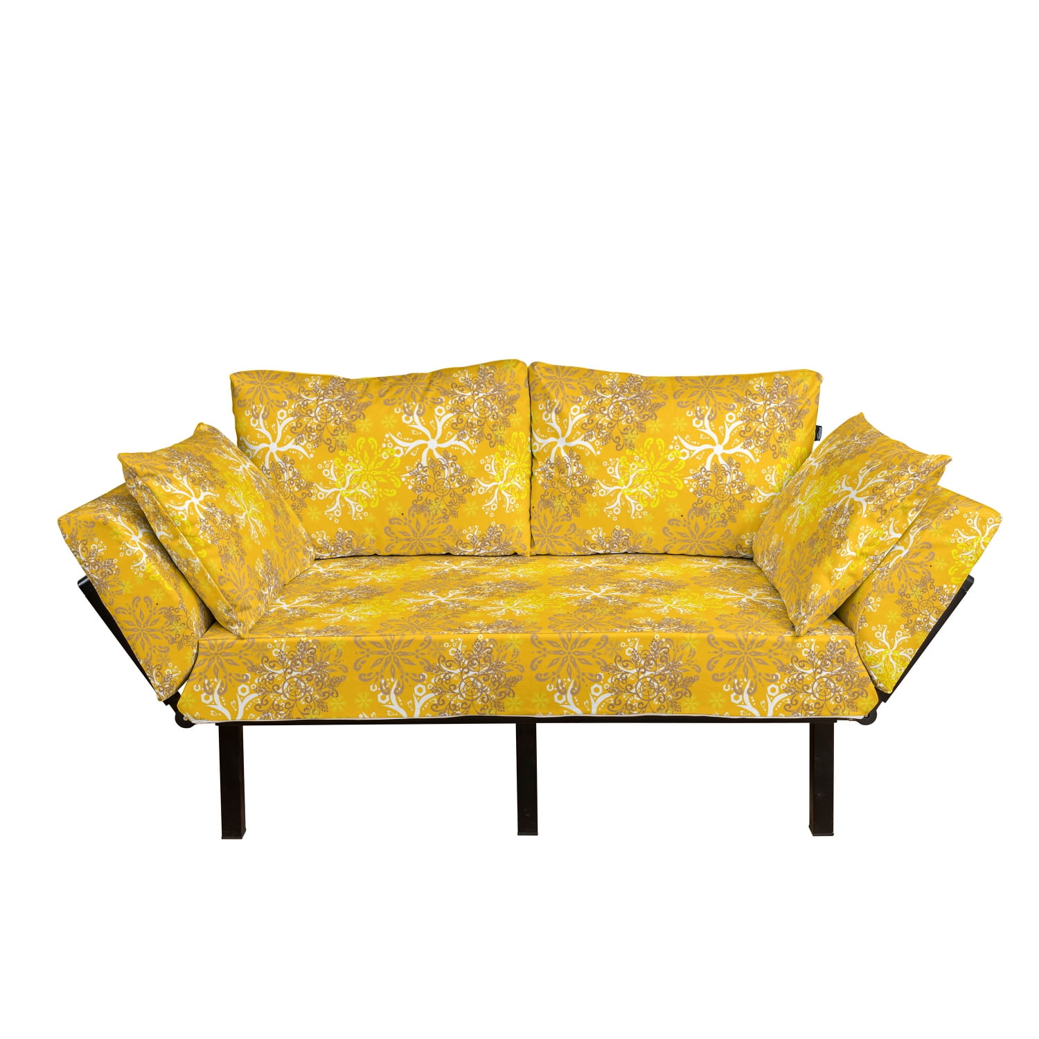Yellow and White Futon Couch, Snowflakes Design with Swirls and Curves ...