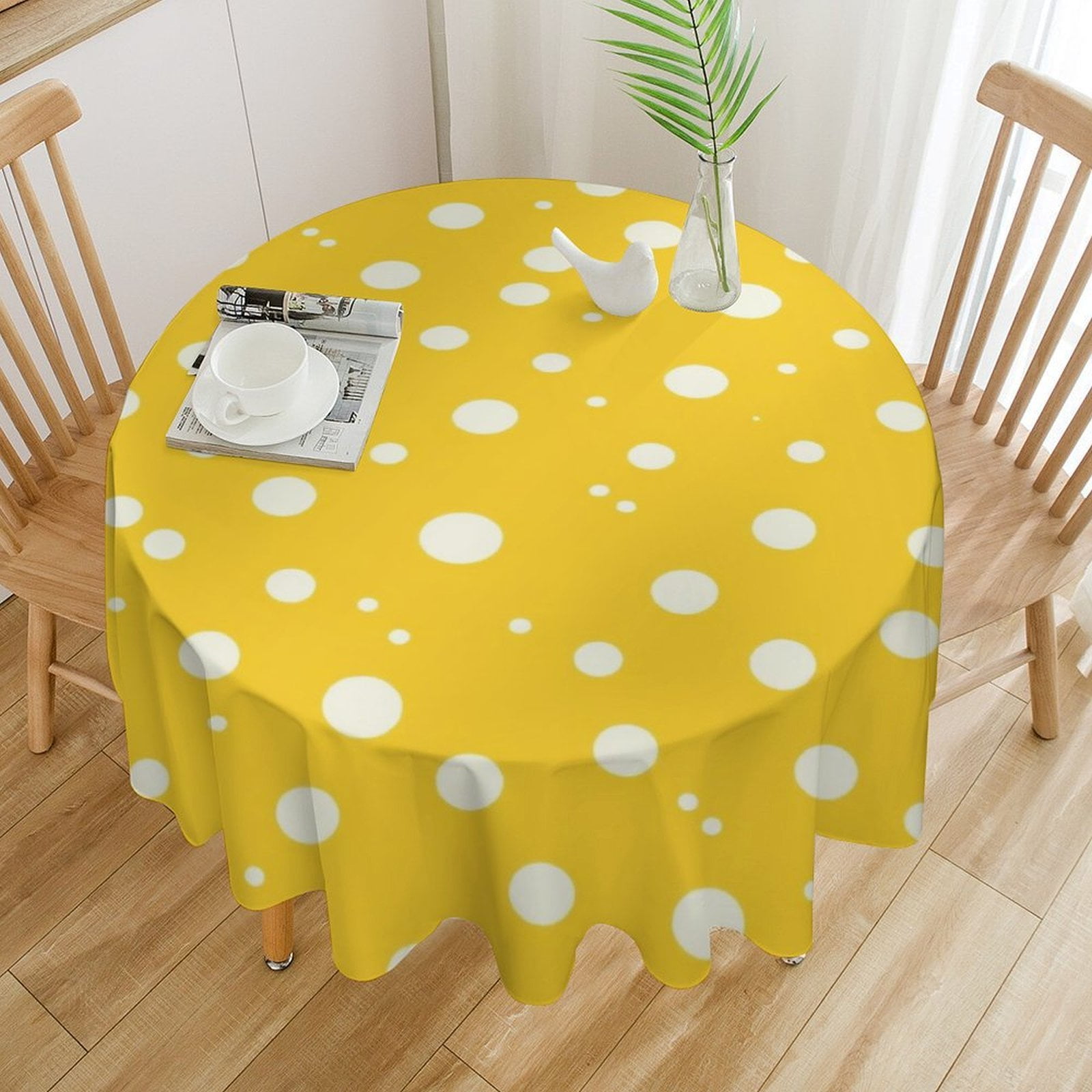Yellow White Polka Dots Table Cloth Round PVC Wedding Kitchen Dining ...